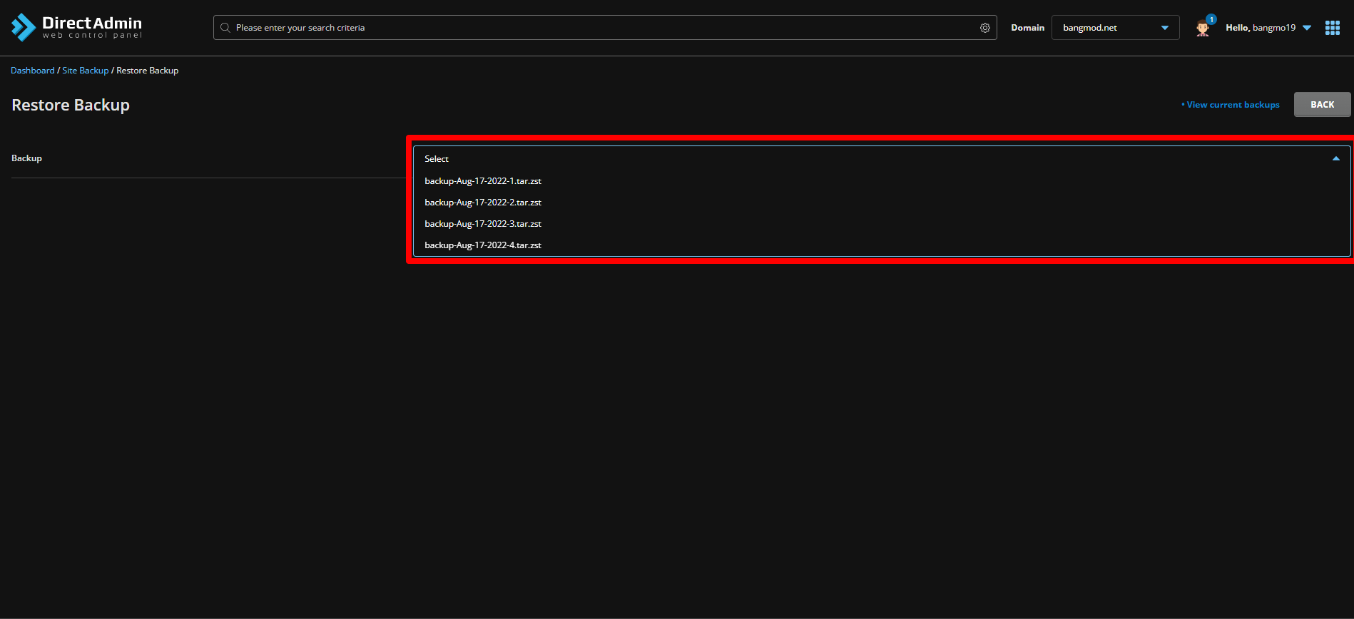 วิธีการ Restore ข้อมูลจาก Backup ของ DirectAdmin - Bangmod Knowledge Base