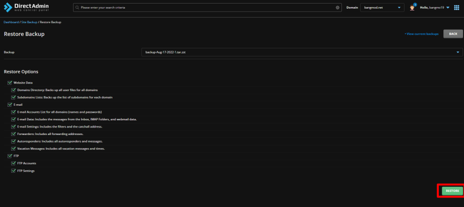 วิธีการ Restore ข้อมูลจาก Backup ของ DirectAdmin - Bangmod Knowledge Base