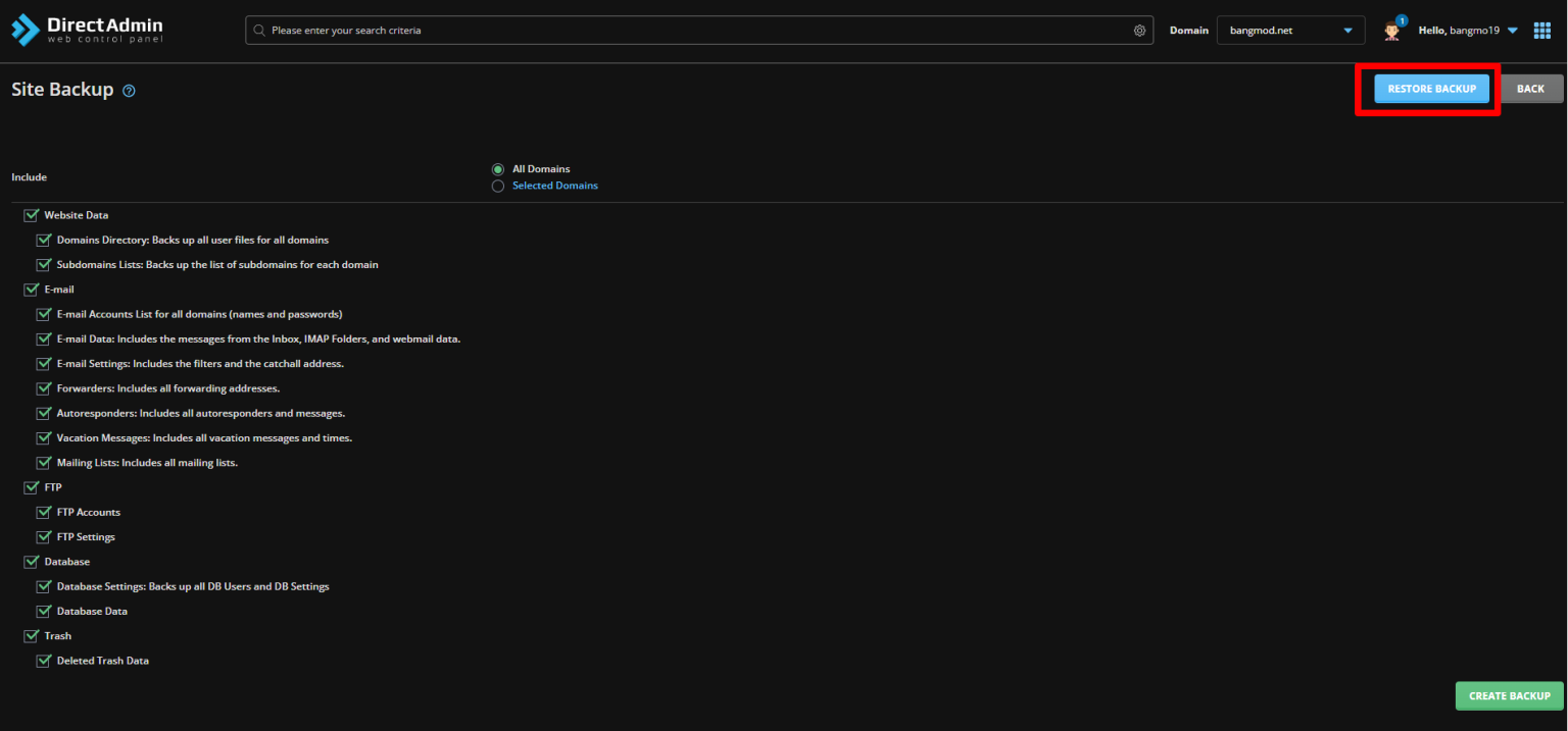 วิธีการ Restore ข้อมูลจาก Backup ของ DirectAdmin - Bangmod Knowledge Base