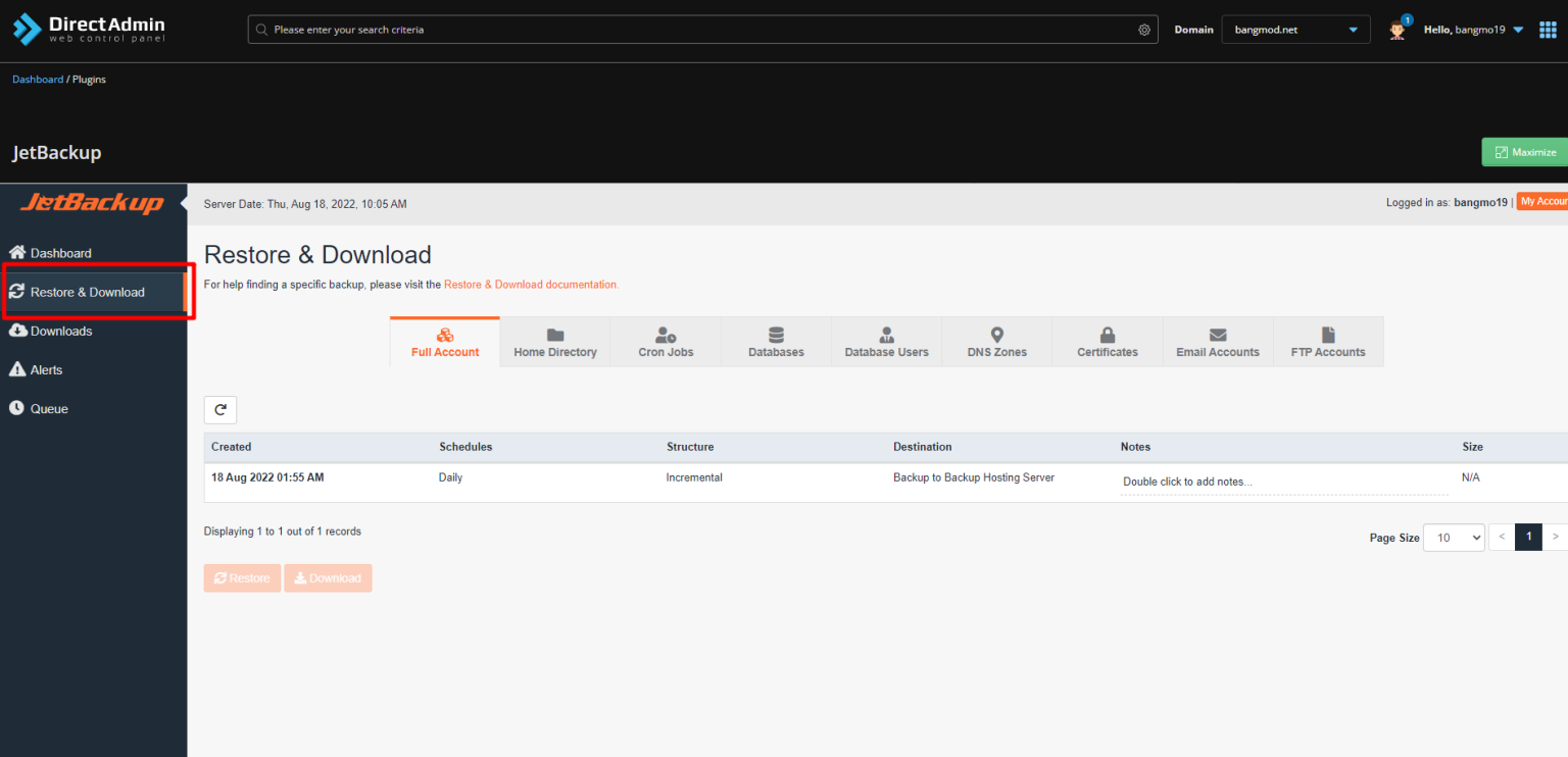 วิธีการ Download ไฟล์ Backup อัตโนมัติของระบบ (JetBackup) - Bangmod Knowledge Base