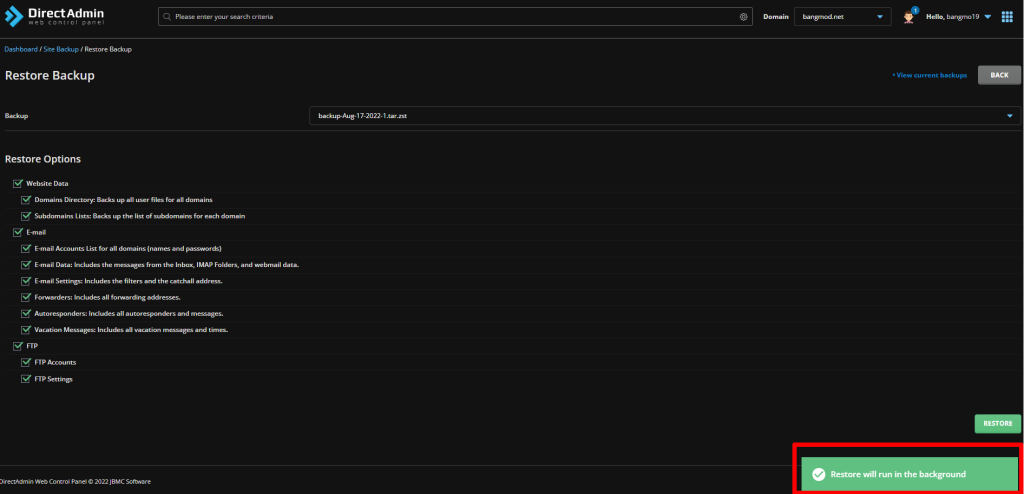วิธีการ Restore ข้อมูลจาก Backup ของ DirectAdmin - Bangmod Knowledge Base