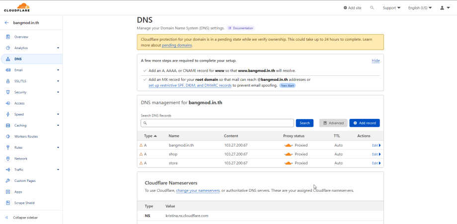 วิธีการตั้งค่าเมื่อต้องการใช้งาน DNS ที่ Cloudflare - Bangmod Knowledge Base