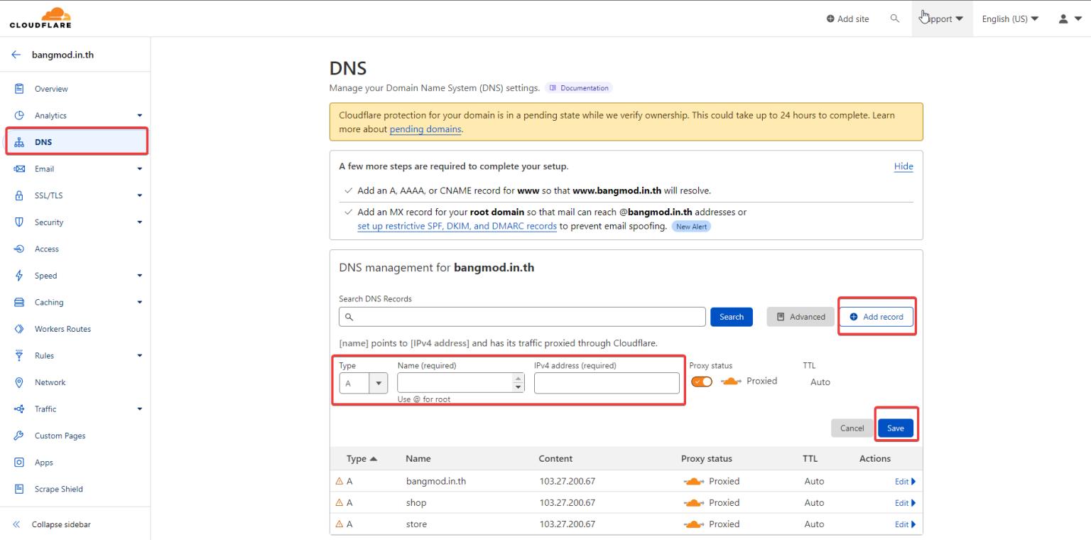 วิธีการตั้งค่าเมื่อต้องการใช้งาน DNS ที่ Cloudflare - Bangmod Knowledge Base